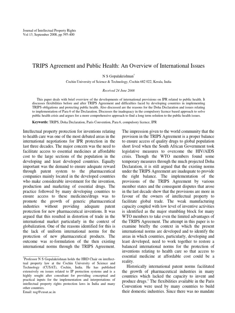 TRIPS and Public Health: Key Issues | PDF | Trips Agreement ...