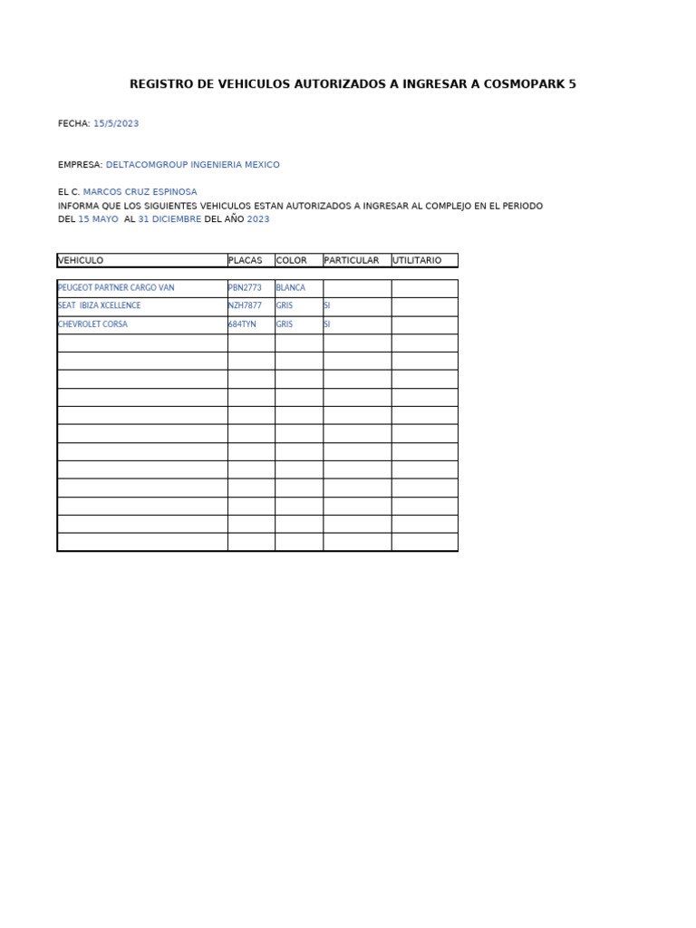 FORMATO PARQUE VEHICULAR | PDF