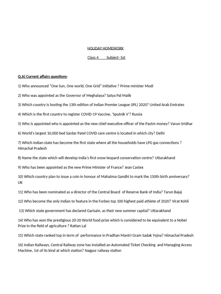 Holiday Homework 4th SST | PDF