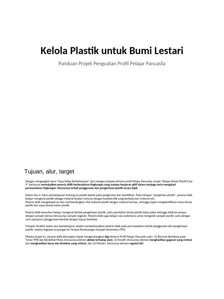 Modul Ajar Modul projek - Gaya Hidup Berkelanjutan - Kelola Plastik Untuk Bumi Lestari - Fase A ...
