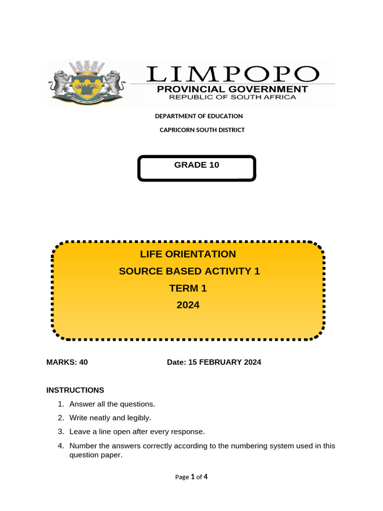 Grade 10 Life Orientation Task 1 Activity 1 Year 2024 | PDF | Self ...