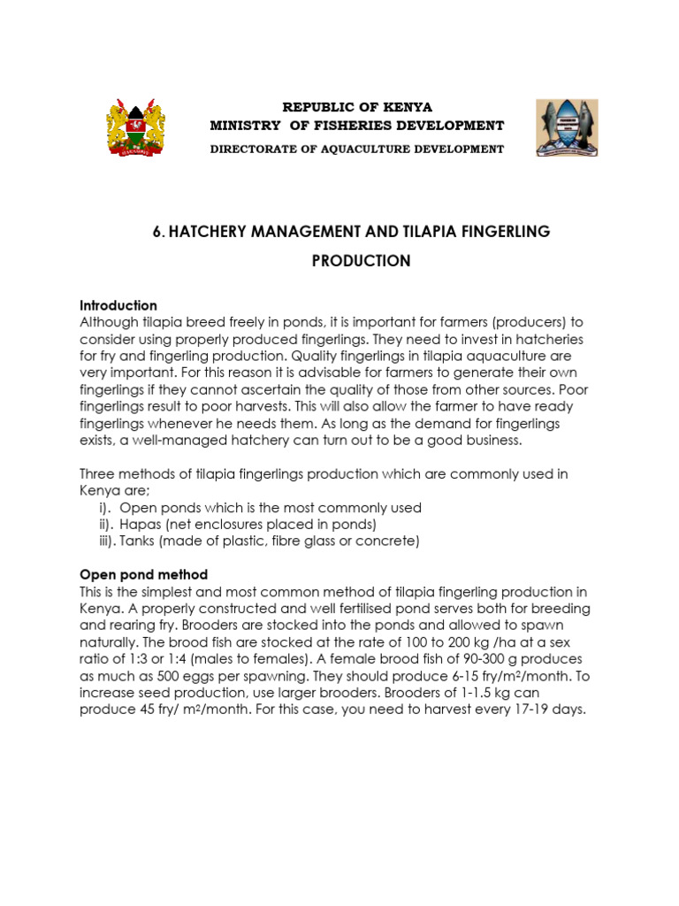6_HATCHERY-MANAGEMENT-AND-TILAPIA-FINGERLING-PRODUCTION | PDF