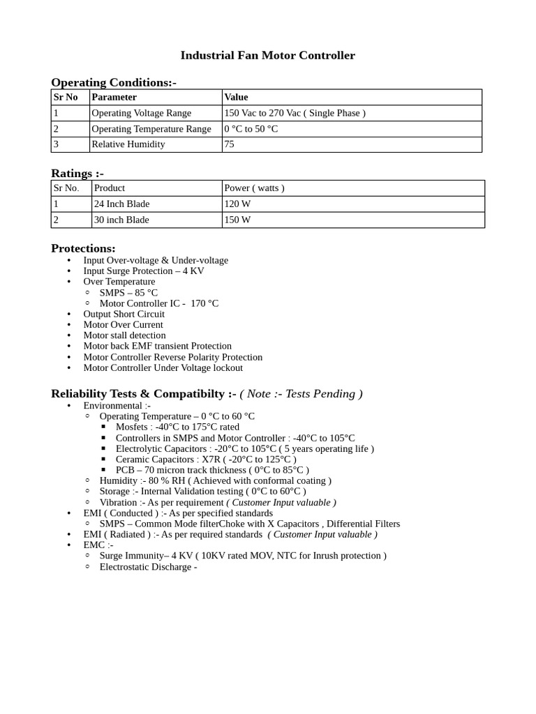 Industrial Fan Motor Controller Specs | PDF