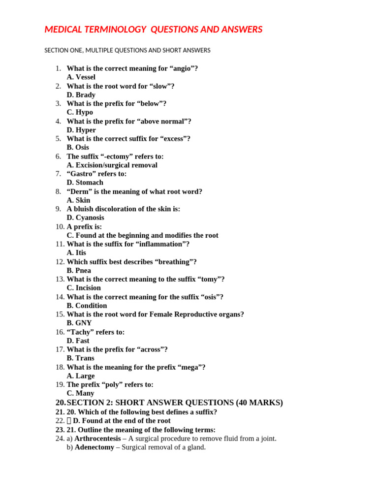 Medical Terminology Quiz | PDF | Spleen | Medical Specialties