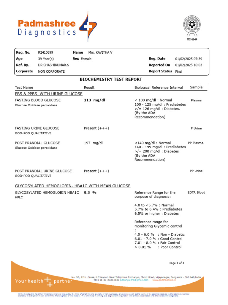 Reports 155908R2410699 KAVITHA V 010225155908 PDF | PDF | Glycated Hemoglobin | Endocrine Pancreas
