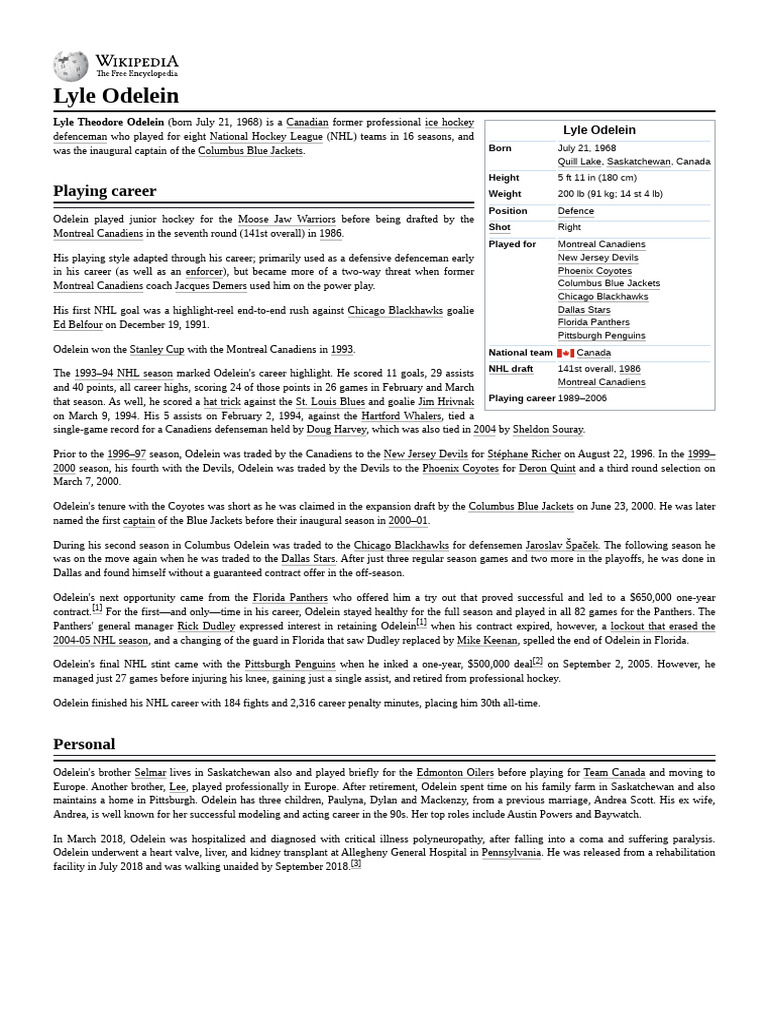 Lyle_Odelein | PDF | National Hockey League | Ice Hockey