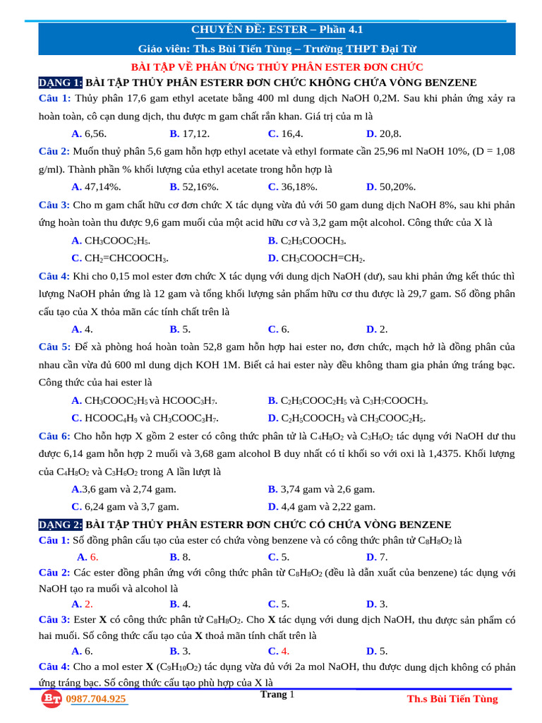 Chuyên Đề 1. Ester - Phần 4.1 | PDF
