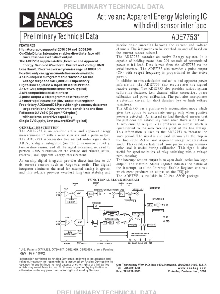 ADE7753 | Download Free PDF | Analog To Digital Converter | Power Supply