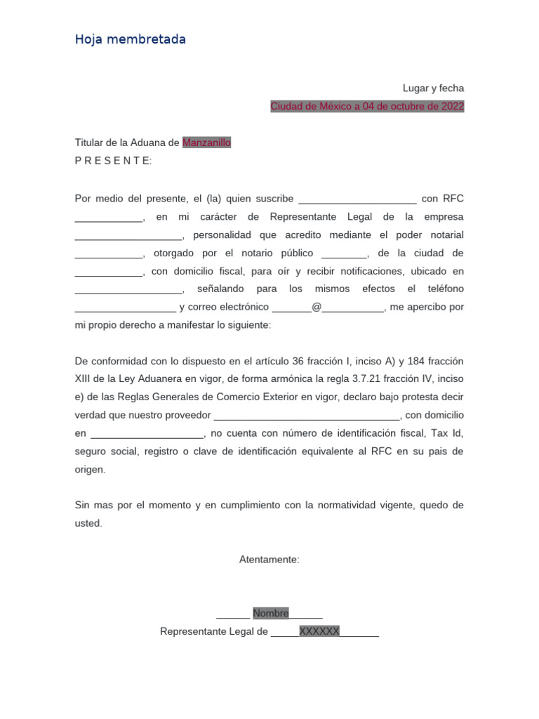 Carta de declaración sin Tax ID | PDF