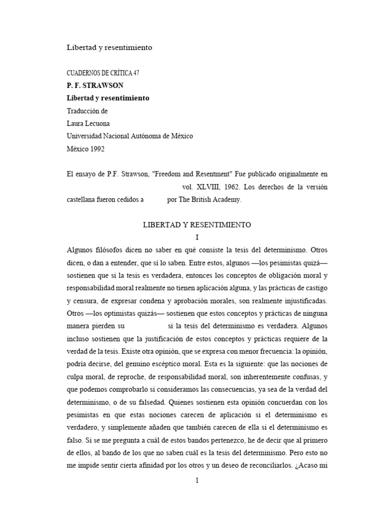 Sesion 5 - Strawson - Libertad y Resentimiento | PDF | Verdad | Moralidad