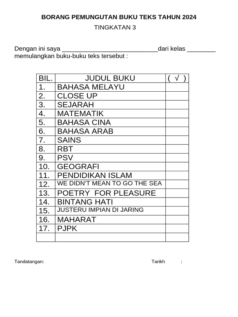 checklist buku teks form 3 | PDF