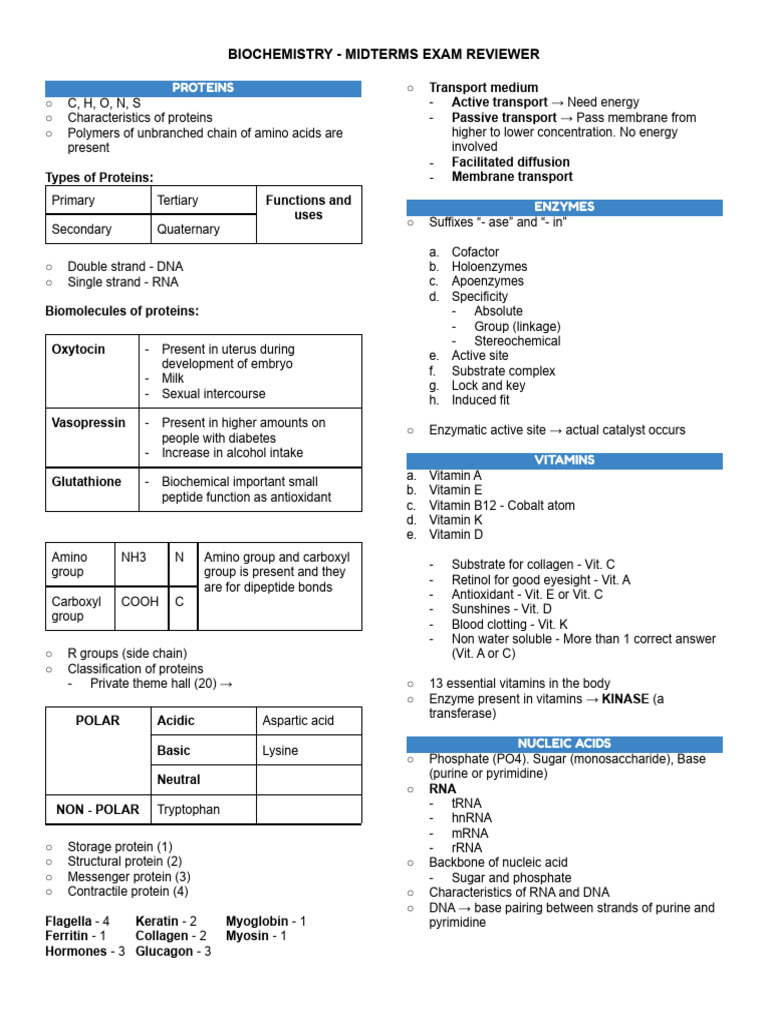 Biochem Midterms Exam Reviewer | PDF | Proteins | Enzyme
