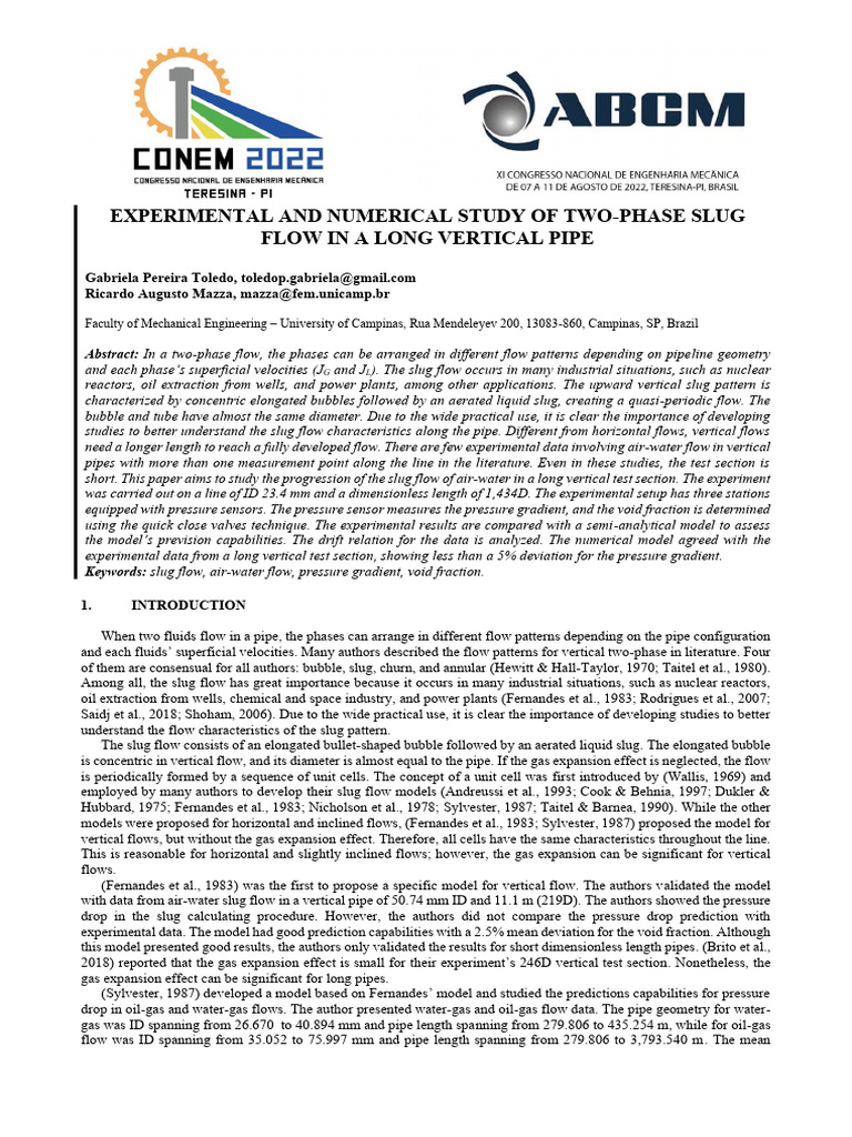 CONEM2022_EXPERIMENTAL AND NUMERICAL STUDY OF TWO-PHASE SLUG FLOW IN A LONG VERTICAL PIPE | PDF ...
