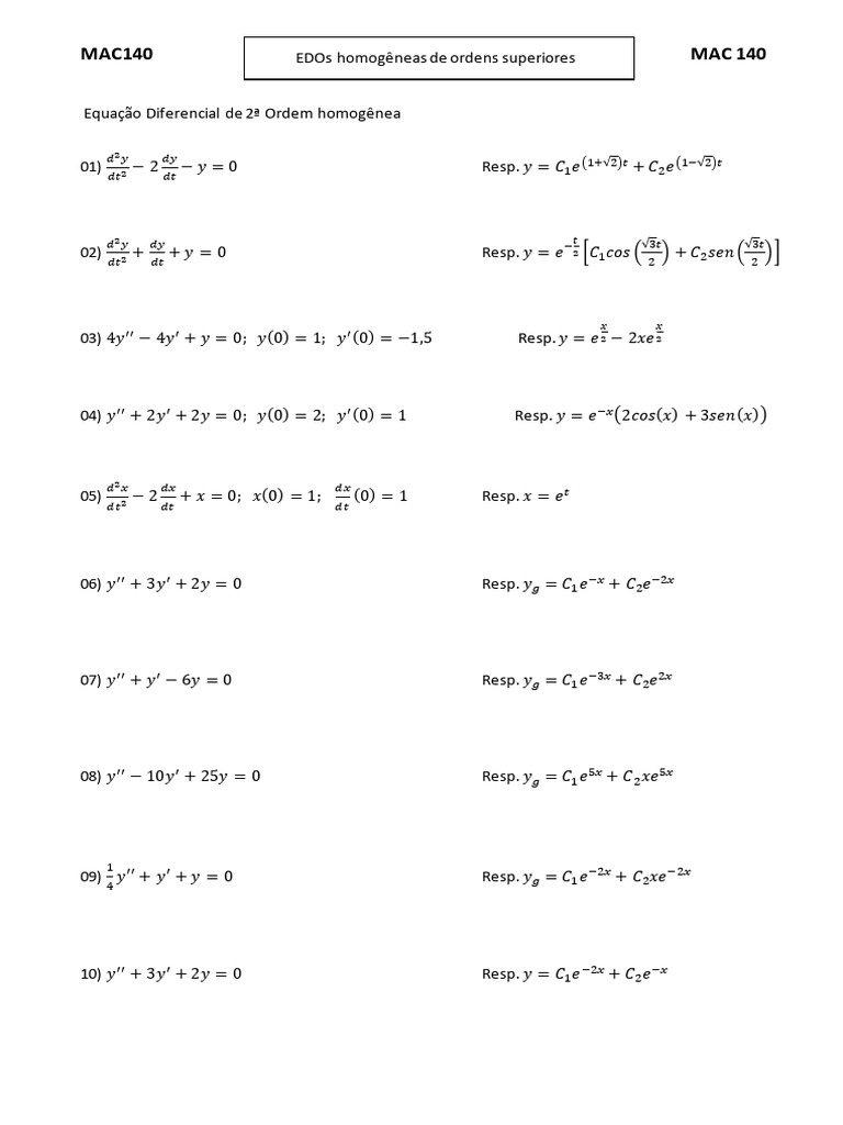 Lista 6 - EDO-OrdensSuperiores-Homogênea | PDF