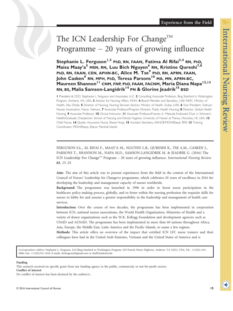 The ICN Leadership For Change Programme. 20 Years of Growing Influence ...