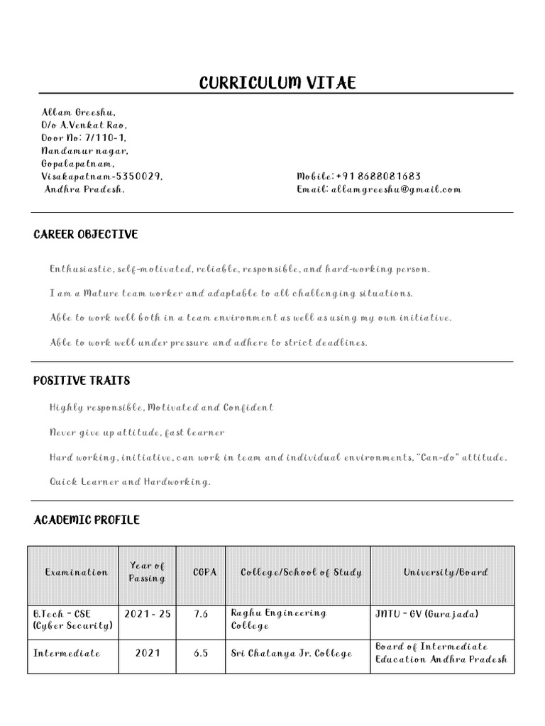 CV of Allam Greeshu - CSE Graduate | PDF