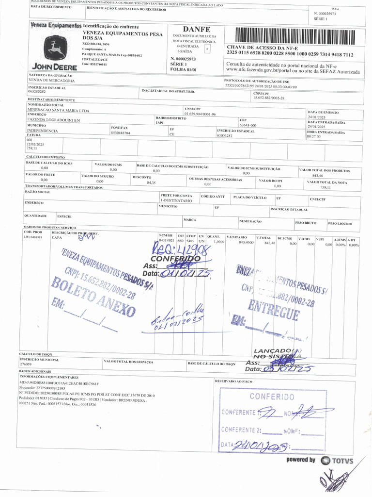 NF 25973 Req 42908 Veneza Equipamentos Pesados S.A | PDF
