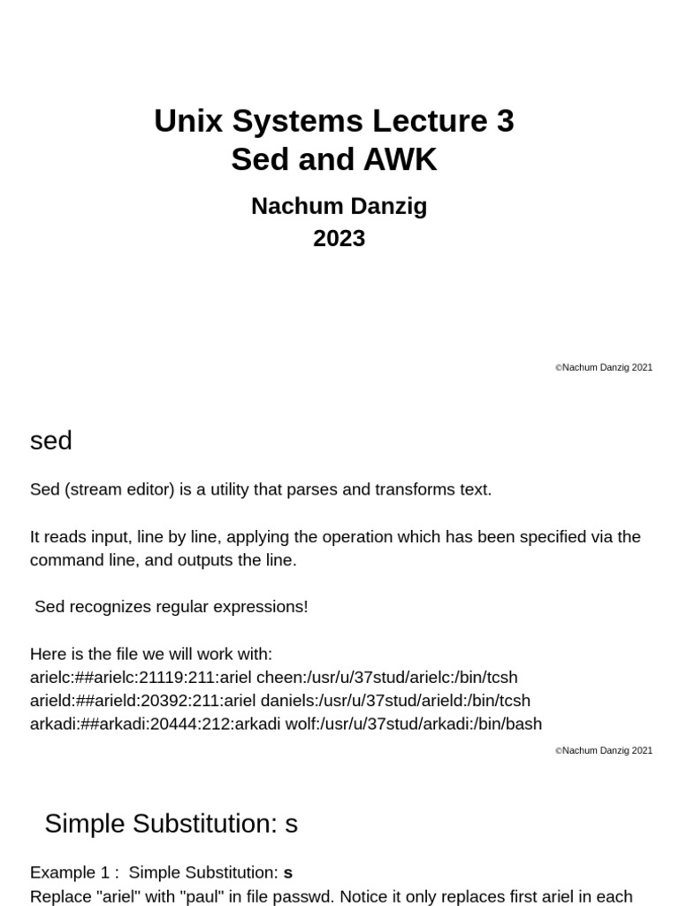 2023 Unix Lecture 3 Sed and AWK (In Some Years) | PDF | Computer Programming | Computing