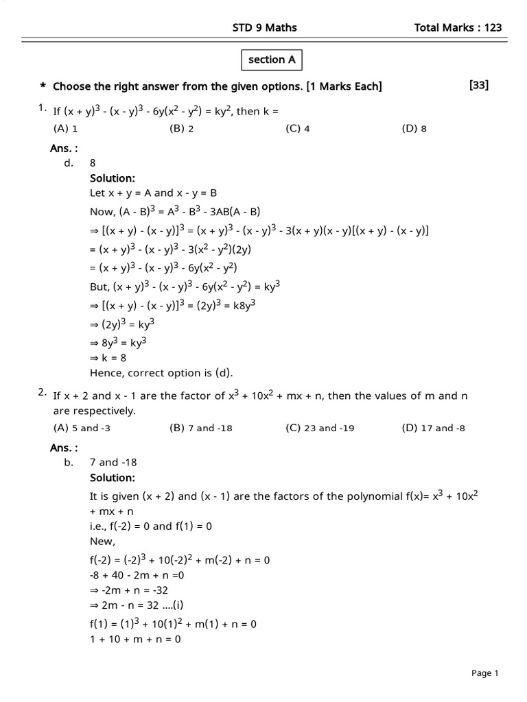 Polynomials and Surface Area Practice Sheet - Solution | PDF | Area ...