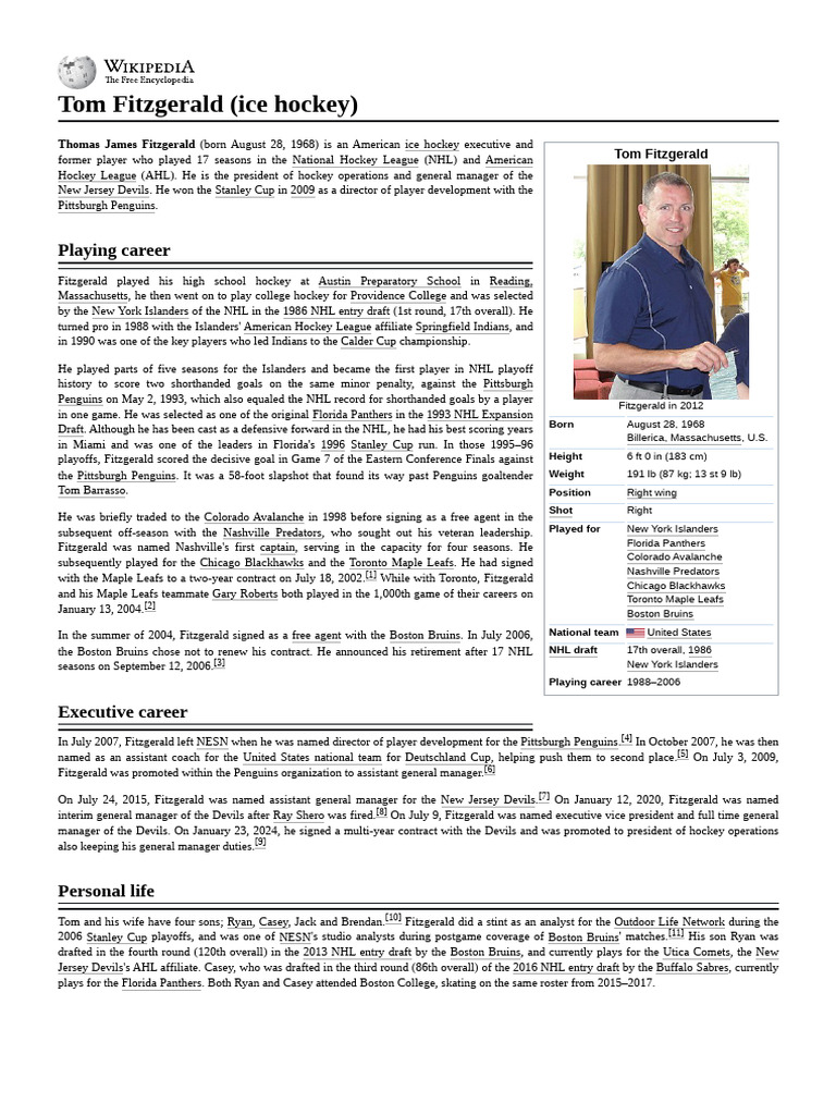 Tom Fitzgerald: NHL Player & Executive | PDF | Ice Hockey | National ...