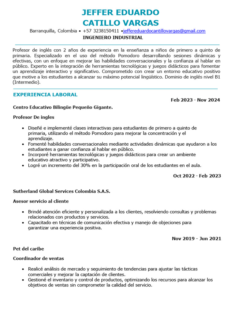 CV Baq Bilingue Español | PDF | Enseñando | Multilingüismo