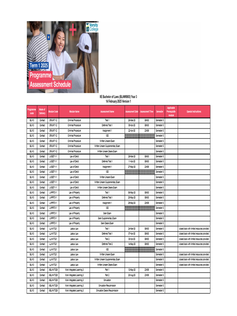 IIE VC BLAW0803 Year 3 Programme Assessment Schedule 2025 V1 | PDF | Educational Assessment And ...