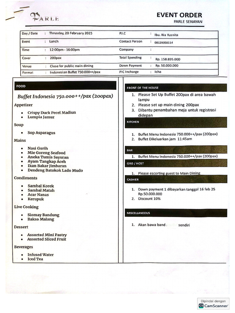 BEO Event Ibu Ria 20 Feb 2025 | PDF