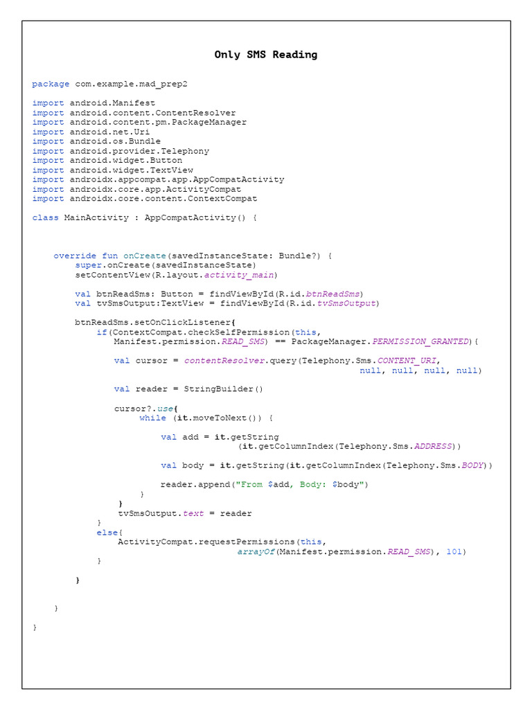 Android SMS Reading App Code | PDF