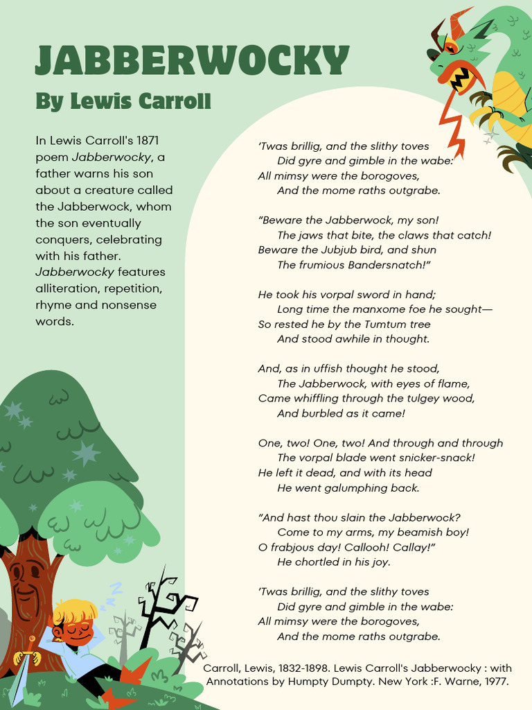 Jabberwocky by Lewis Carroll Educational Poster in Cream Green Semi ...