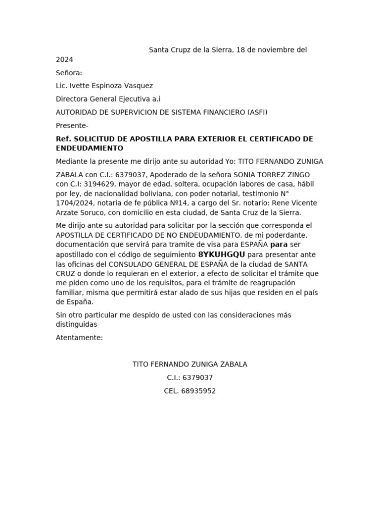 Carta Asfi Certificado de No Endeudamiento 2025 | PDF