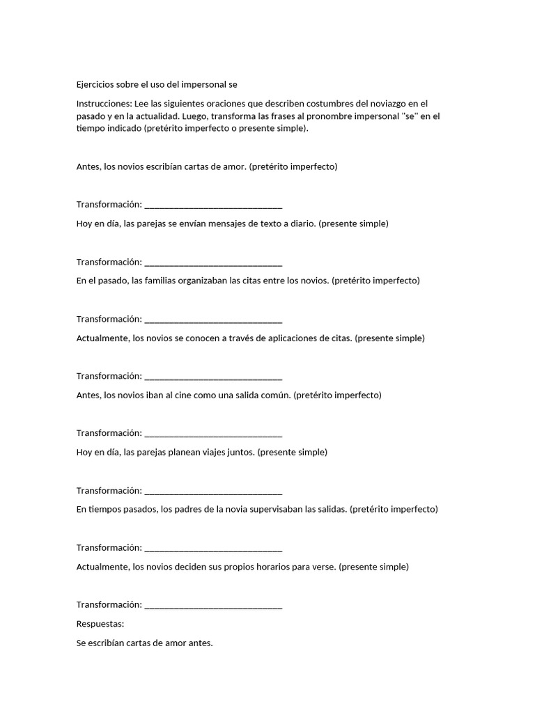 Ejercicios Sobre El Uso Del Impersonal Se | PDF