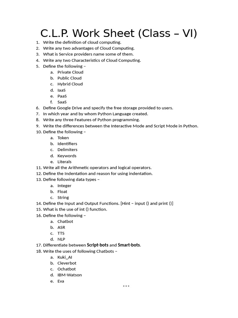 Class VI Worksheet | PDF
