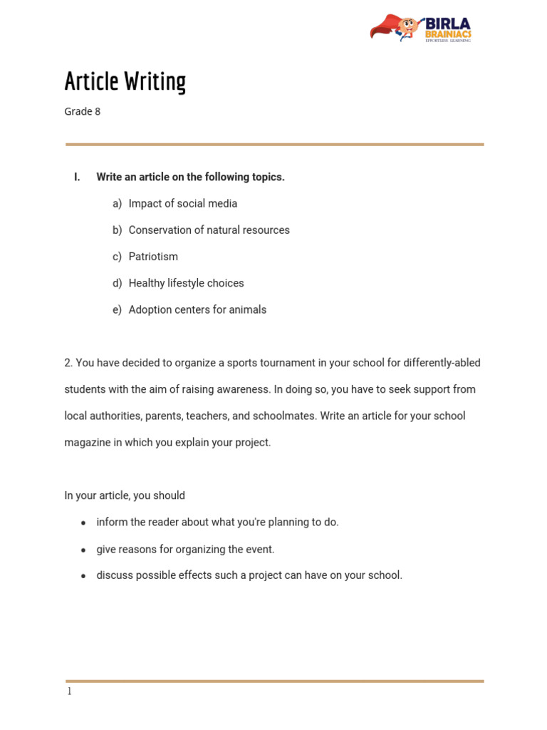 Grade 8 - Article Writing - Worksheet - Docx | PDF