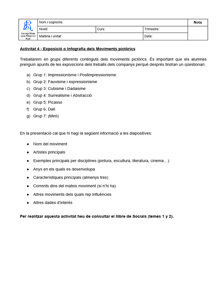 Activitat 4 - Exposició o Infografia Del Moviments Pictòrics | PDF