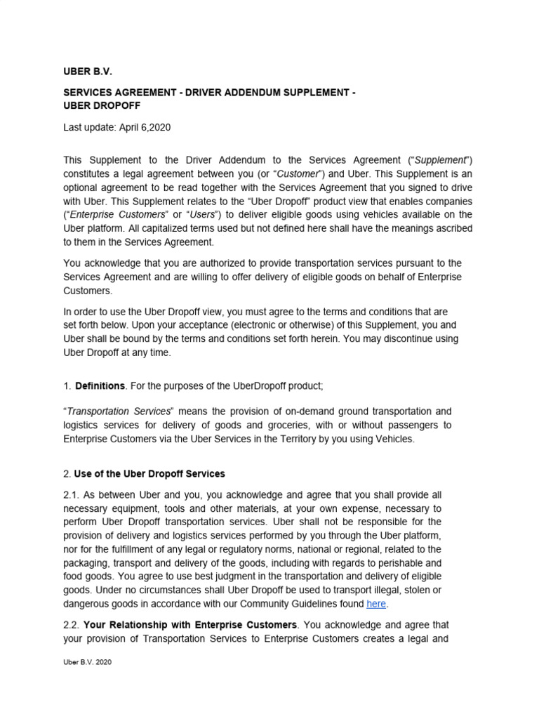 Services Agreement - Driver Addendum Supplement - Uber Dropoff | PDF ...
