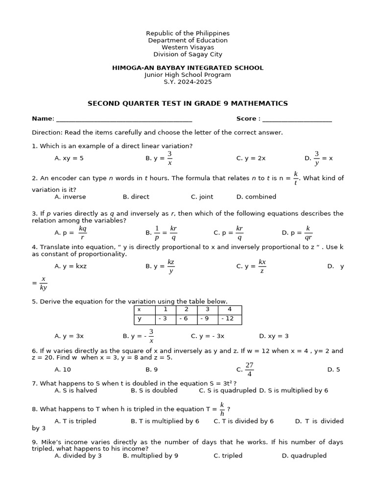 Second Quarter Exam Math 9 | PDF | Exponentiation | Mathematics