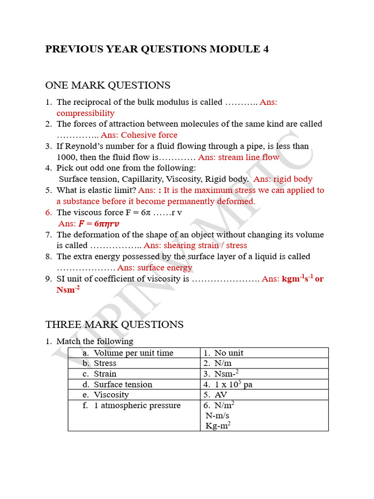 Previous Year Questions With Answers Module 4 PDF | PDF | Surface Tension | Elasticity (Physics)