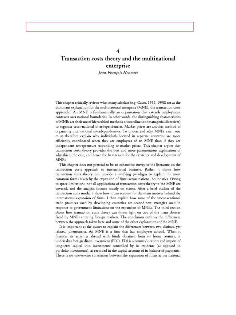 L11 Pitelis and Sugden, 2000, Chapter 4 Transaction Costs Theory and Multinational | PDF