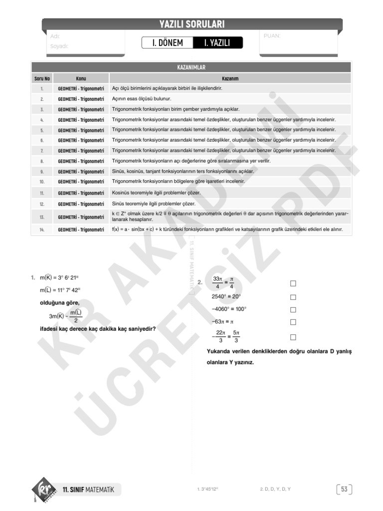 11 Matematik VDK 2024 Kitap Siyah Beyaz 1. Dönem 1. Yazılı | PDF