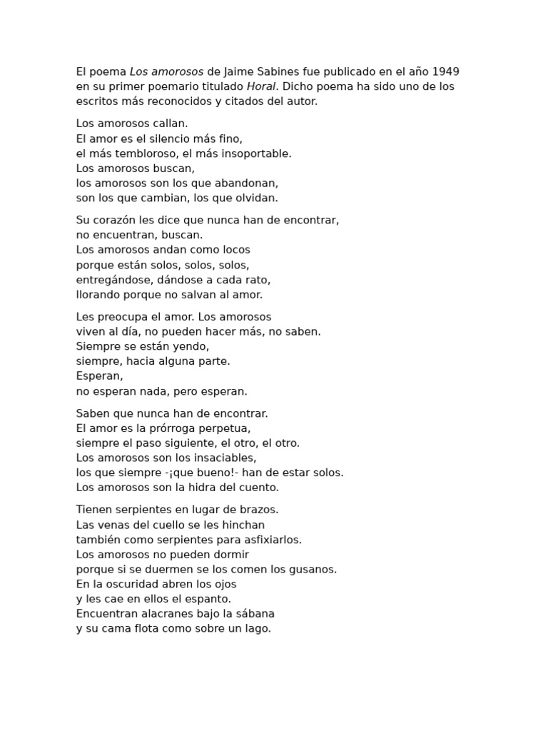 Poema "Los amorosos" de Jaime Sabines | PDF
