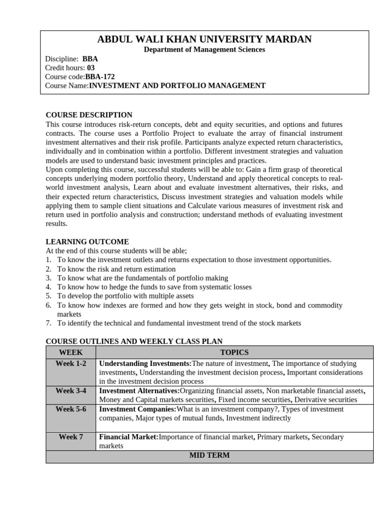 Investment and Portfolio Management Outlines - BBA | PDF | Investing ...