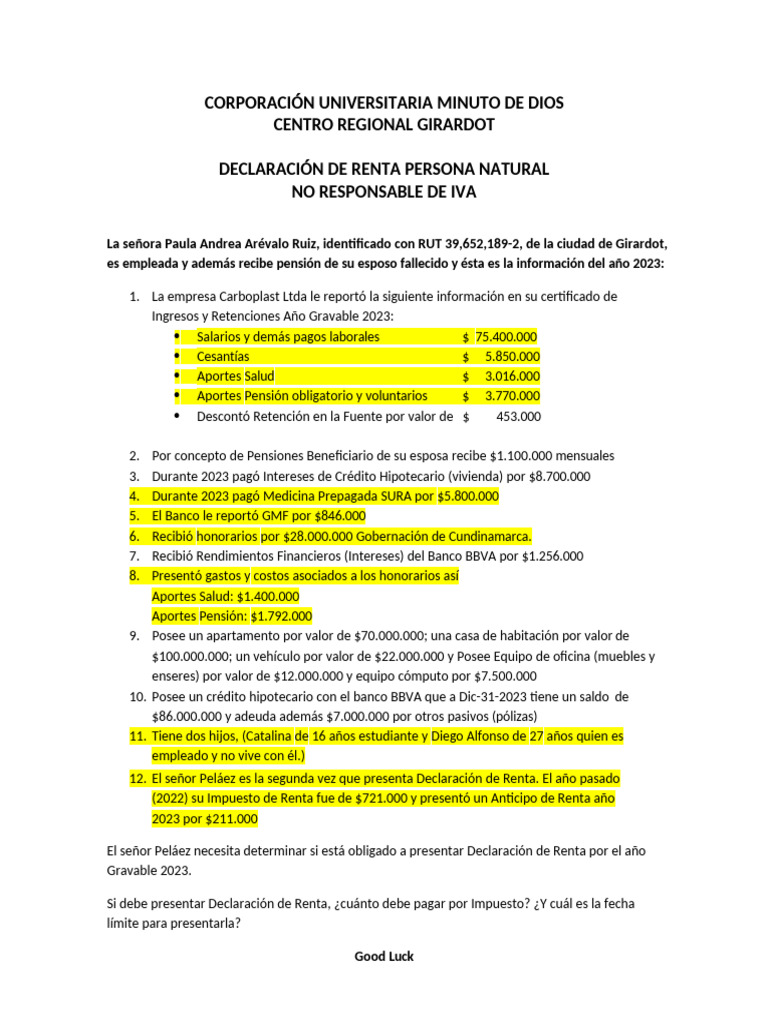 Caso Declara Renta P.N. Paula Abdrea Arevalo Ruiz | PDF | Finanzas ...