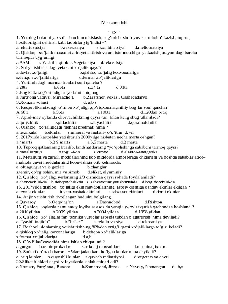 8-Sinf Nazorat Ishi 2019 | PDF