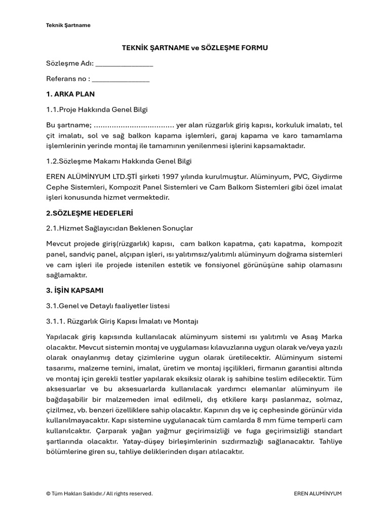 TEKNİK ŞARTNAME Ve SÖZLEŞME FORMU | PDF
