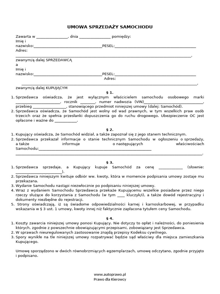 Umowa Kupna Sprzedaży Samochodu Autoprawo | PDF