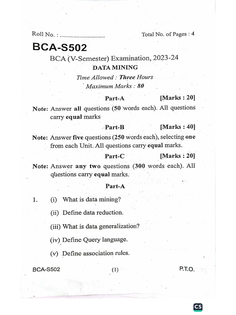 Data Mining Previous Year Paper | PDF