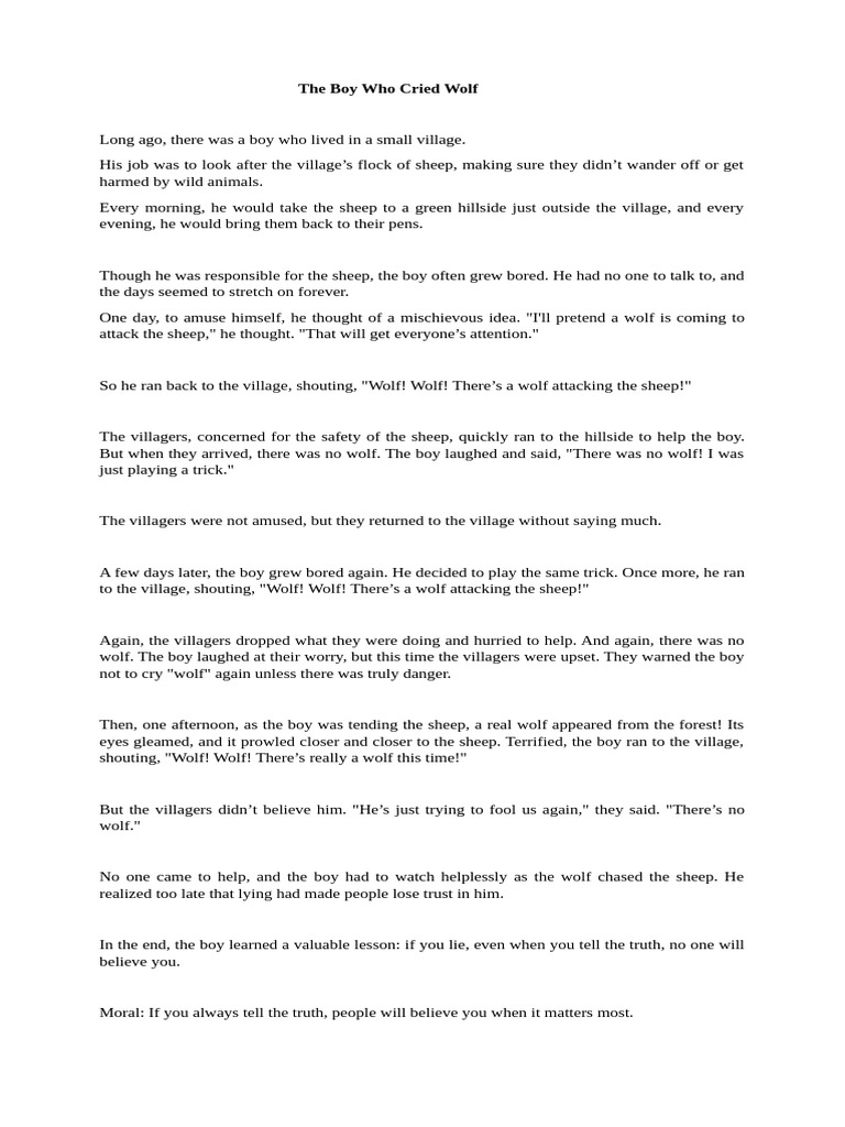 The Boy Who Cried Wolf Storytelling JHS1 | PDF