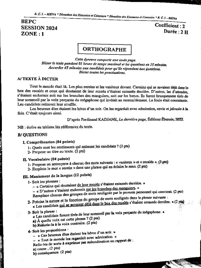 SUJET BEPC 2024 ORTHOGRAPHE Zone 1 | PDF