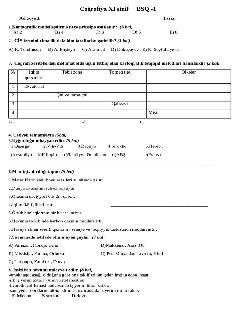 Coğrafiya XI sinif BSQ 1 | PDF