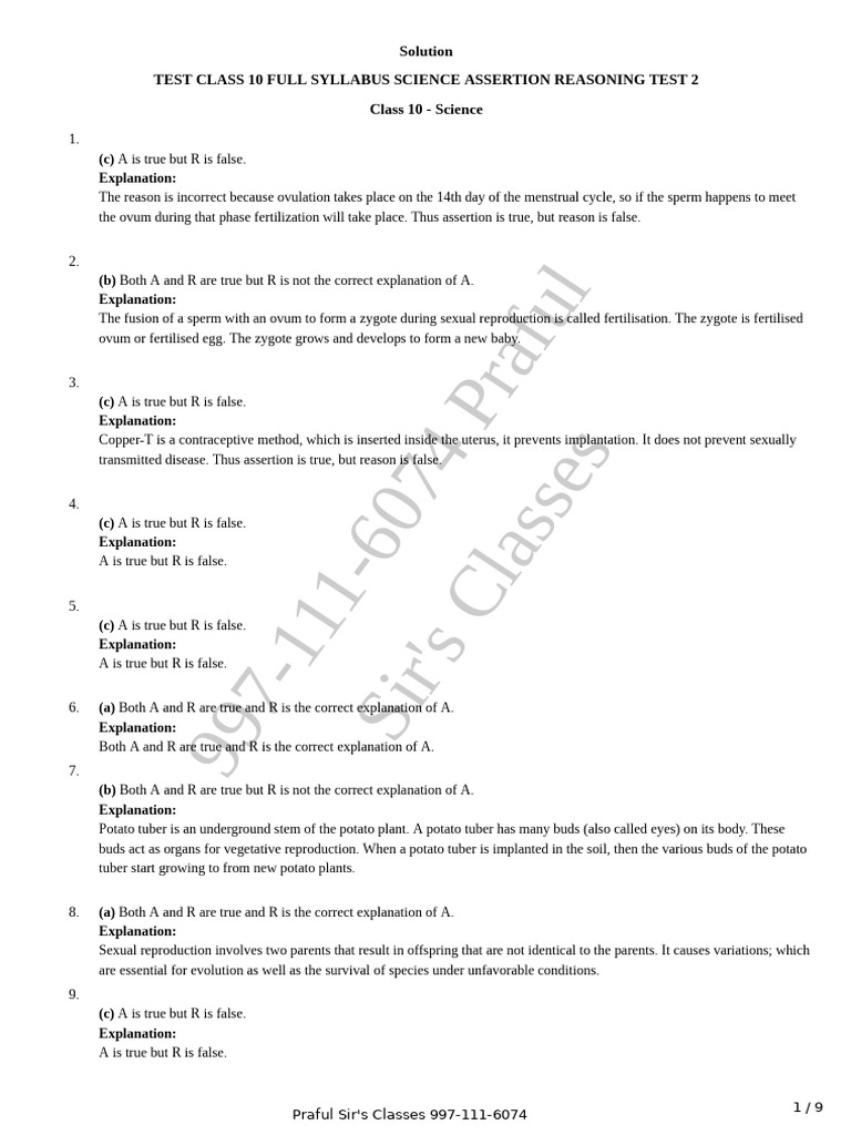 Class 10 Science Assertion Reasoning Test | PDF | Reproduction ...